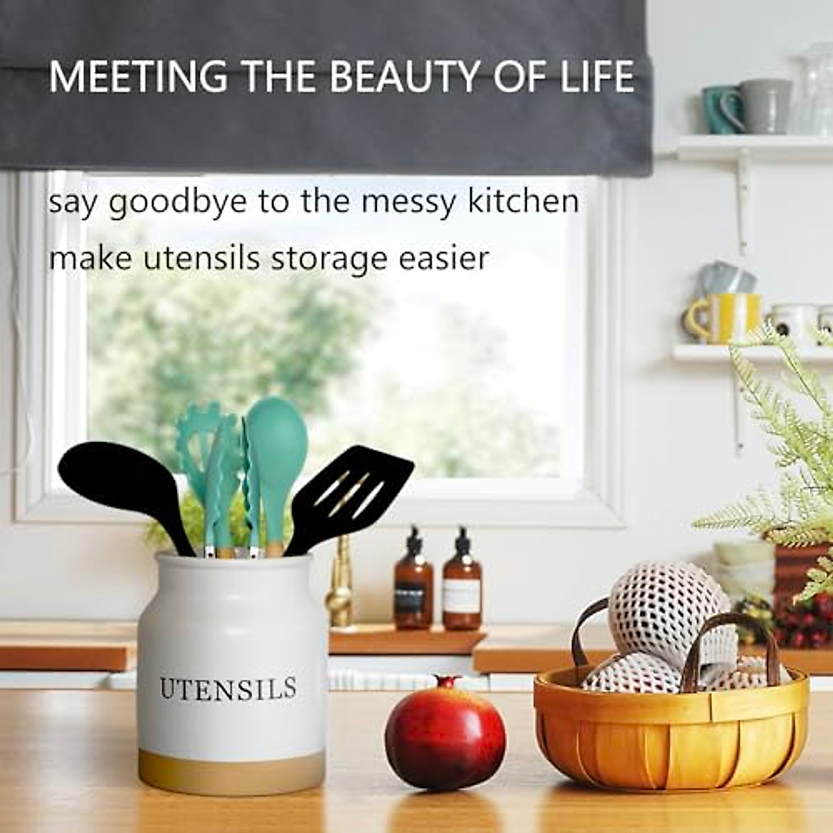 ASBLUE Kitchen Utensil Holder for Countertop, Large White Cooking Utensils Spatula Holder Ceramic Farmhouse Utensil Crock for Counter Big Utensil Organizer Storage Caddy