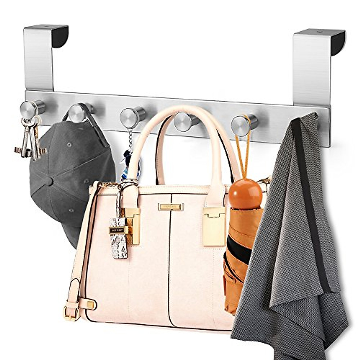 Flexzion Over The Door Hooks Organizer Stainless Steel - Removable Door Hanger Holder Rack with 6 Hooks for Bathroom Bedroom Kitchen Home Cubicle Cabinet Closet Clothes Coat Hat Belt Bag and Towel