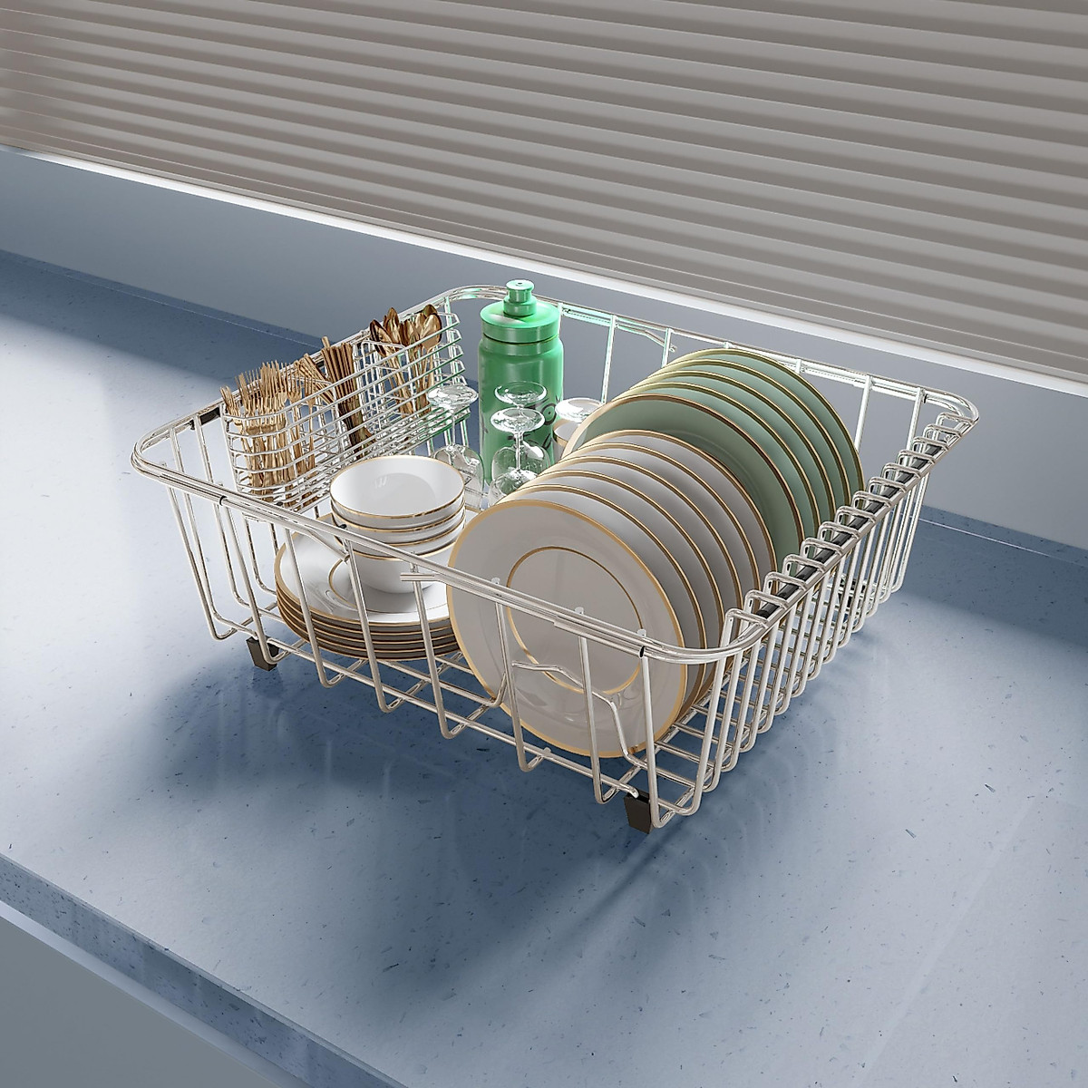 ESBOLM Dish Drainers for Inside Sink - Adjustable Over Sink Stainless Steel Dish Rack,Expandable 15.1" to 21.28" Dish Drying Rack,with Utensil Holder-X-Large(for 3-6 People)