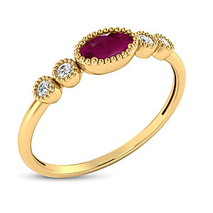 DIRECT-JEWELRY DON'T FORGET THE DASH 14K Genuine Yellow Gold Oval Natural Ruby and Diamond Milgrain Solitaire Ring - Size 4.5