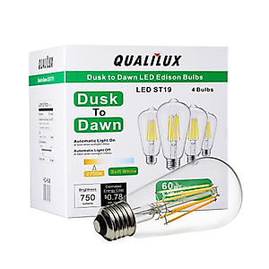 Dusk to Dawn Edison Light Bulbs ST58(ST19) Vintage, Soft White 2700K, 6.5W=60W, Non-Dimmable Auto On/Off, Light Sensing LED Filament Bulb Outdoor for porch patio garage garden,750LM, E26, 4-Pack