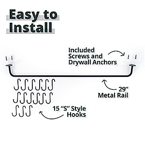 Greenco Pot and Pan Wall Mounted Rail Hanger Racks| Cookware Set and Storage Organization| 15-Hook Hanging Rack | Black Pots and Pans Organizer | Great For Kitchen Shelf