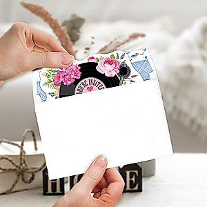 ERHACHAIJIA 20 PCS Pink Flowers Vinyl Records Shaped Fill-In Invitations Cards With Envelopes, Funny Music Party Birthday Bridal Shower Wedding Party Invites For Teens Adults Music Lover Singer Fans