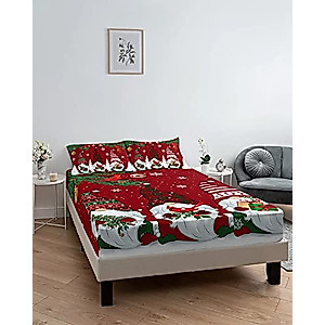 Full Size Fitted Sheet Bed Set Christmas Dwarf Holly Cardinal Deep Pocket Soft Bottom Sheets&Pillowcases for Bedroom Decor Winter Snowflake on Red,Fits Mattress Up to 16" Deep