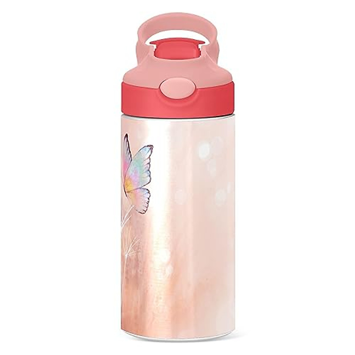 Kigai Flowers Butterfly Pink Kids Water Bottle, Insulated Stainless Steel Water Bottles with Straw Lid, 12 oz BPA-Free Leakproof Duck Mouth Thermos for Boys Girls