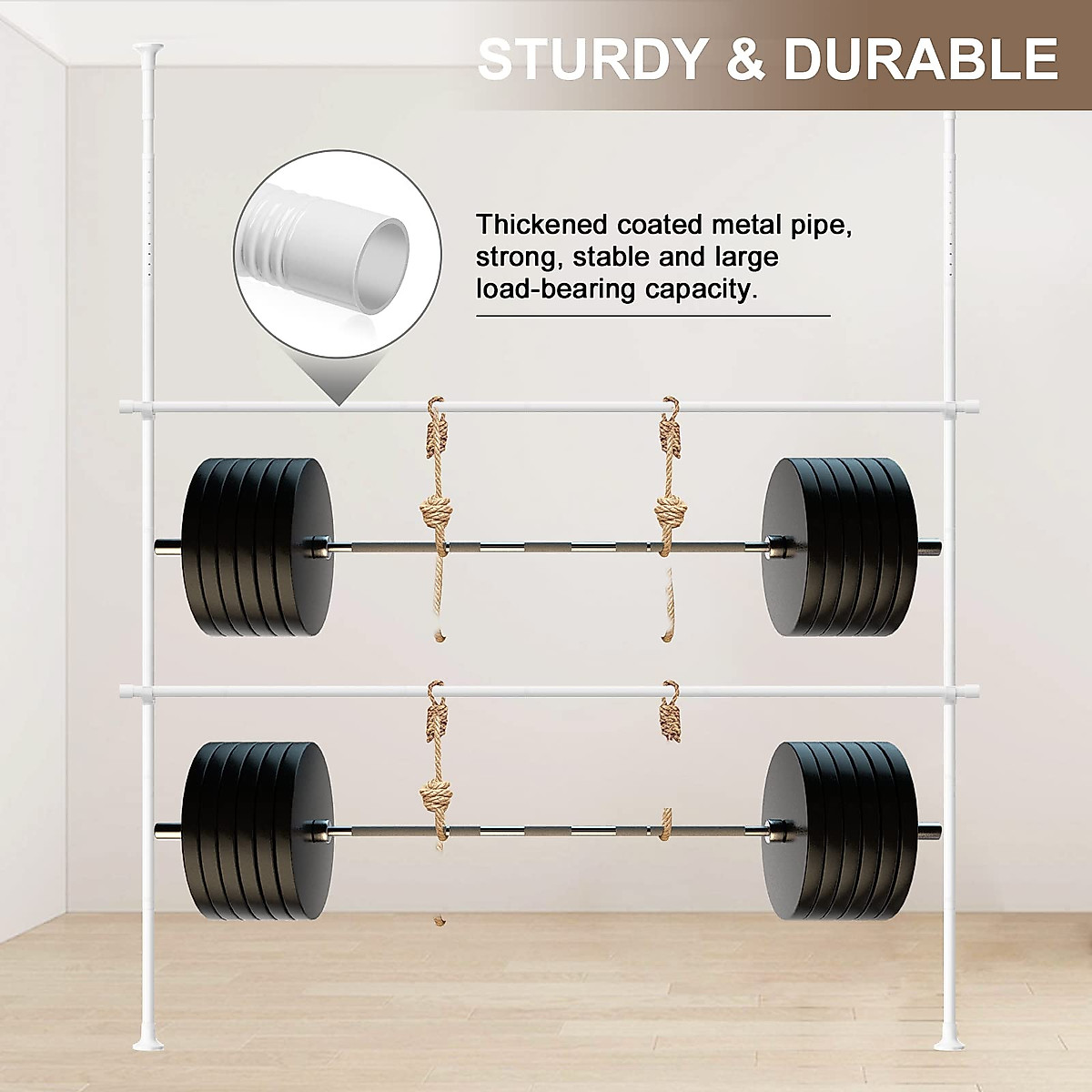 Closet Organizer Garment Rack, Heavy Duty 2-Tier Adjustable Free Standing Clothes Laundry Drying Rack, Floor to Ceiling Clothing Hanger Tension Rod Closet System Wardrobe Storage (White)