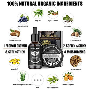 Beard Growth Kit, Derma Roller Kit, Natural Beard Growth Oil for Patchy Beard, Beard & Mustache Facial Hair Growth, Conditioner Balm, Handmade Comb, Storage Bag, Gifts for Men Him Dad Father Boyfriend