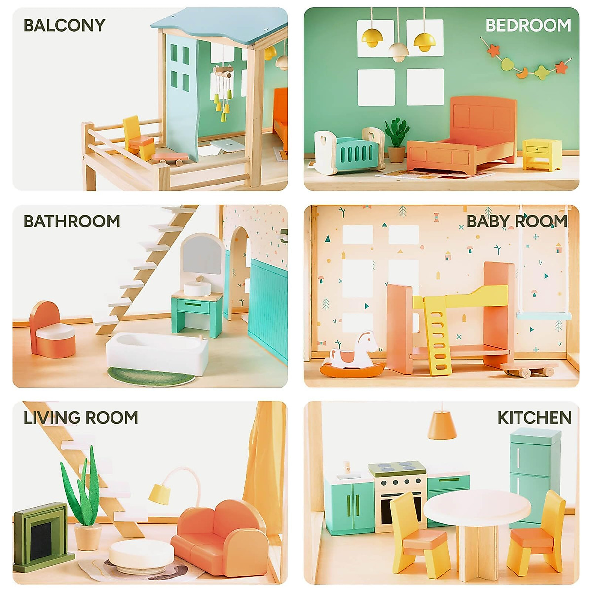 Large Pink Wooden Dollhouse with Furniture for Girls, 6 Rooms 2.6ft High with Elevator,Doorbell, Light,15 Pcs Furniture & 3 Dolls, Kids Playhouse Toy for Girls 3-7+, 31.5" x 25" x 12.2"