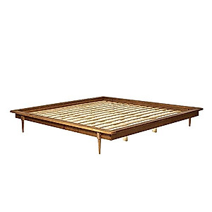 Walker Edison Mid Century Modern Solid Wood Platform Bed Headboard Footboard Bed Frame Bedroom, King, Caramel