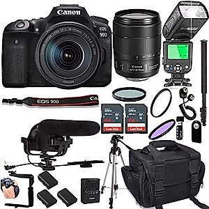Canon EOS 90D with 18-135mm f/3.5-5.6 is USM Lens + 128GB Memory + Deluxe Camera Bag + Pro Battery Bundle + Microphone + TTL Speed Light + Pro Filters,(22pc Bundle) (Renewed)
