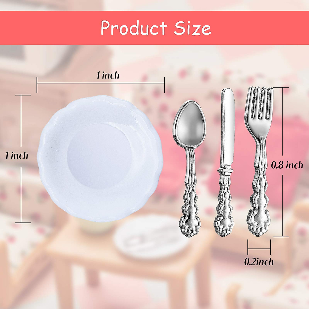Skylety 4 Pieces 1:12 Scale Miniature Dollhouse Plates and 12 Pieces Spoons Knives Forks Metal Tableware Kitchen Accessories Miniatures Porcelain Plate Set Dollhouse Decoration