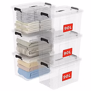 Cetomo Lidded Storage Bin with Handle, Tote Organizing Container with Wheels, Lid and Secure Latching Buckles, Stackable and Nestable, Plastic, 95 Quart-6 Pack, Clear