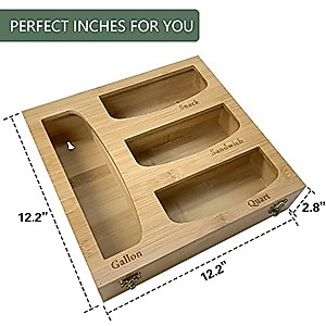 Bamboo Ziplock Bag Organizer for Kitchen Drawer - Food Storage Plastic Bag Dispenser Holder Containers, Openable Lid Bamboo Organization Box for Gallon, Snack, Sandwich, Quart Various Size Bags, Gifts for Her/Women