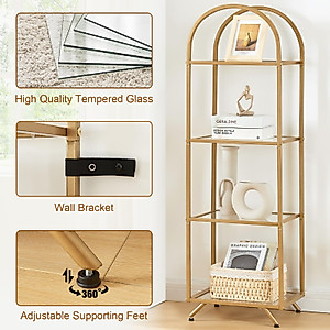 HOMBAZAAR Bookshelf,4-Tier Modern Bookcase,Book Shelf with Tempered Glass,Tall Bookshelf for Home Office, Bedroom and Living Room,Gold.