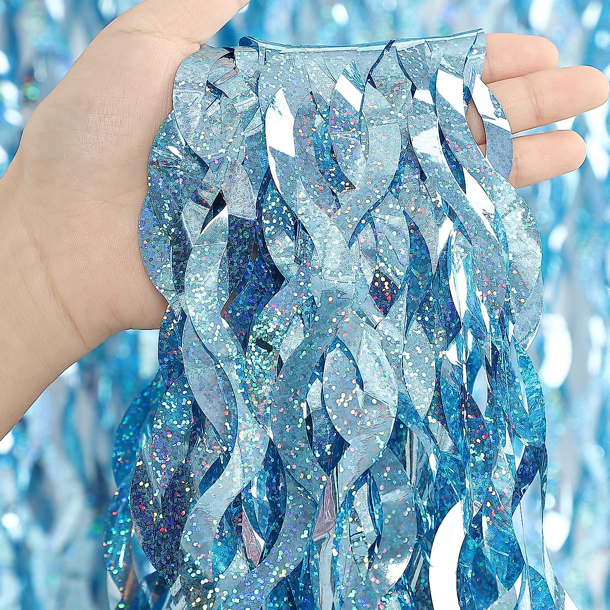 CYLMFC 3 Pack 3.3 ft x 6.6 ft Tinsel Foil Fringe Curtain Blue - Foil Fringe Backdrop Wall Curtains for Baby Shower,Mermaid,Under The Sea,Ocean,Frozen Party Decorations