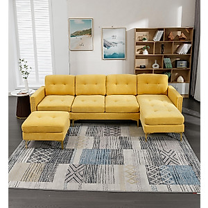 EMKK Corner 110" Convertible Sectional Couch Furniture, 5 Seat Sofa for Living Room L/U Shaped Modern Fabric UpholsteredModular Sofá Sleeper with Double Chaise & Memory Foam & Movable Ottoman, Yellow