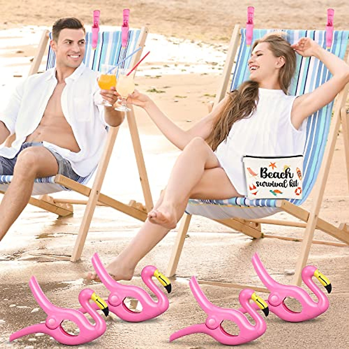 4 Pcs Towel Clips for Chairs Flamingo Parrot Beach Chair Clips for Beach Chairs,1 Pcs Beach Kit Cosmetic Bag for Women (Flamingo)