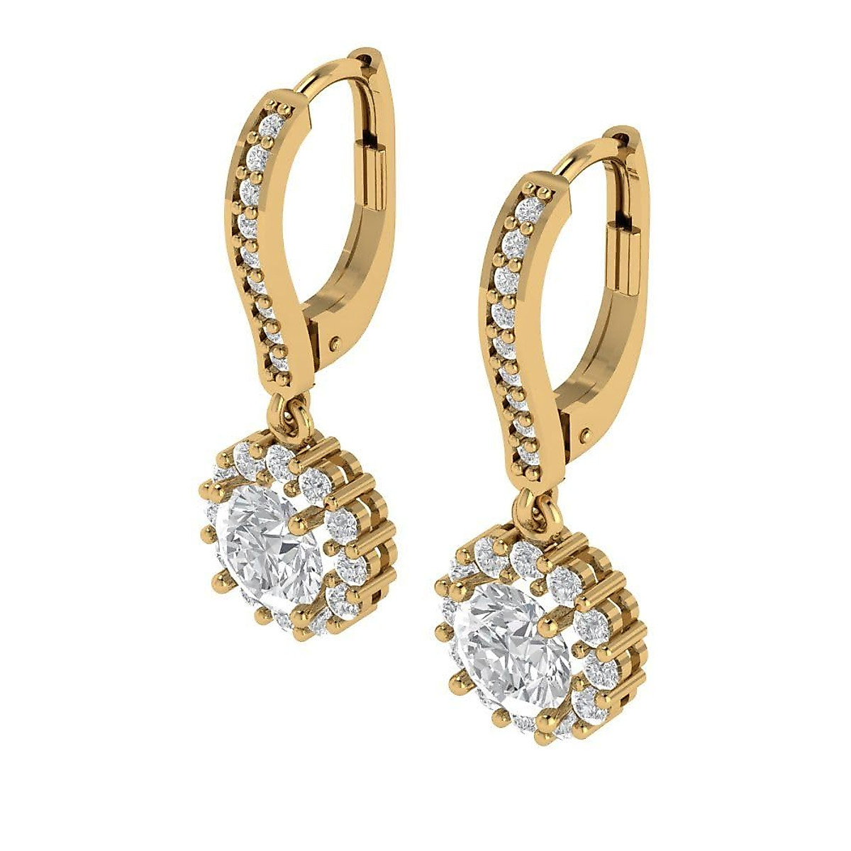 Clara Pucci 2.25 ct Brilliant Round Cut Halo Drop Dangle Clear Simulated Diamond 14k Yellow Solid Gold Earrings Lever Back
