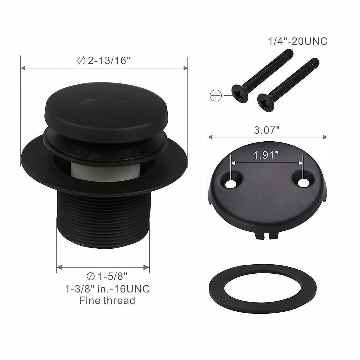 Black Tubular Tub Drain Kit 1-1/2" Brass Pipe with Tip-Toe Bathtub Drain Stopper, Touch-Toe Bath Plug Waste and Overflow, Welsan Assembly Replacement Set(Matte Black)