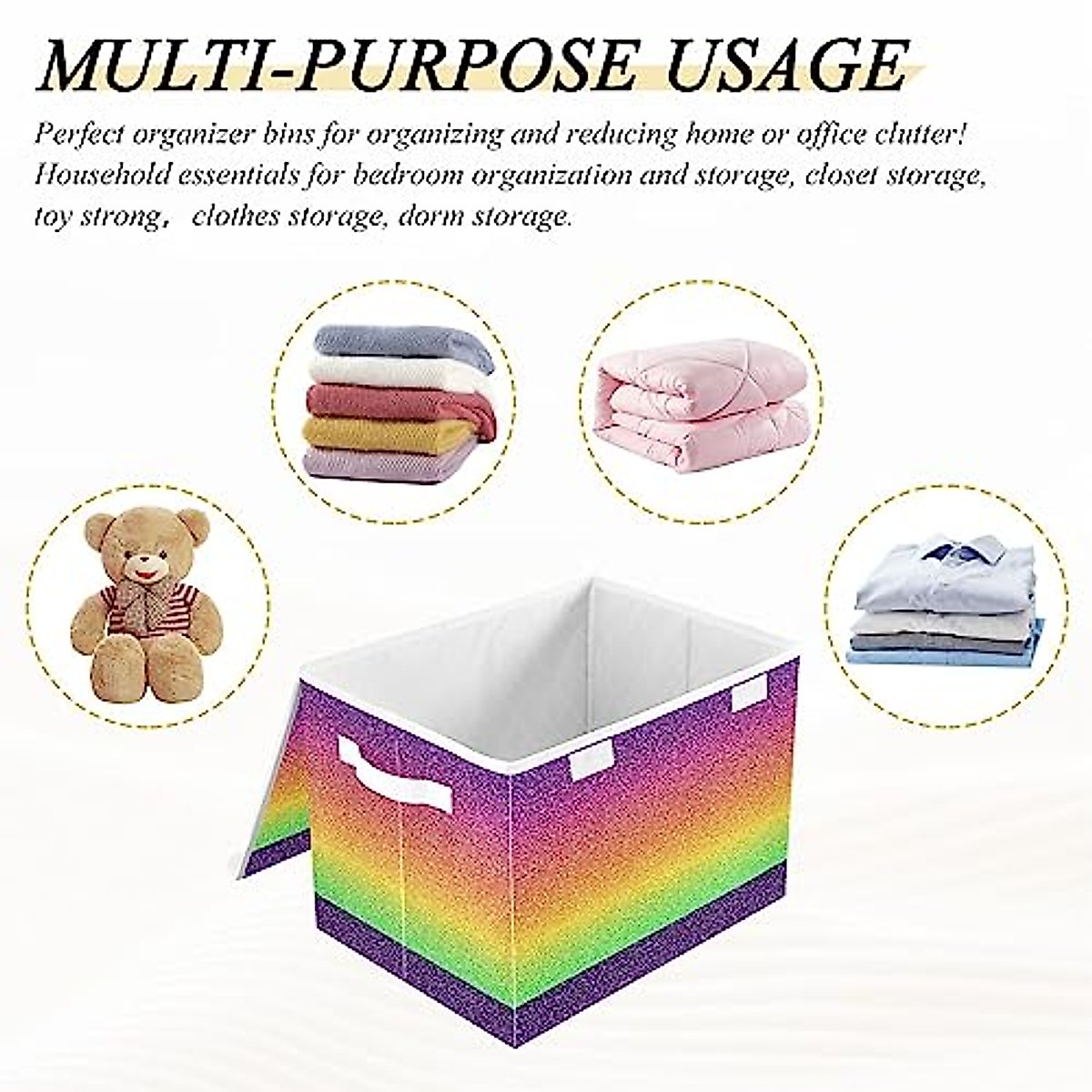Krafig Rainbow Glitter Decorative Storage Box with Lid Large Bins Baskets Foldable Cube Organizer Collapsible Containers for Organizing, Toy, Home, Shelf, Closet