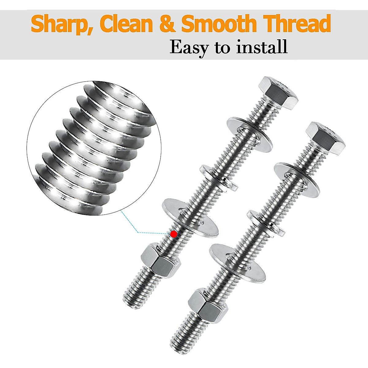 3/8-16x4 Stainless Steel Hex Head Screws Bolts, Nuts, Flat & Lock Washers Kits, 304 Stainless Steel 18-8,Fully Threaded,4 Sets