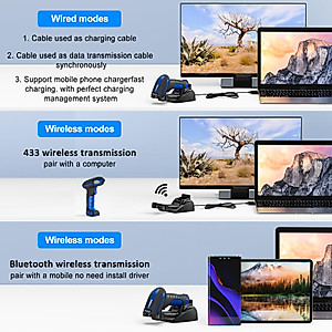 Symcode 2D Bluetooth Barcode Scanner with Wireless Charging Stand, 1968 Feet Transmission Distance 433Mhz Wireless & Bluetooth Barcode Reader, Shock Dust Proof Hands Free Bar Code Scanner Blue