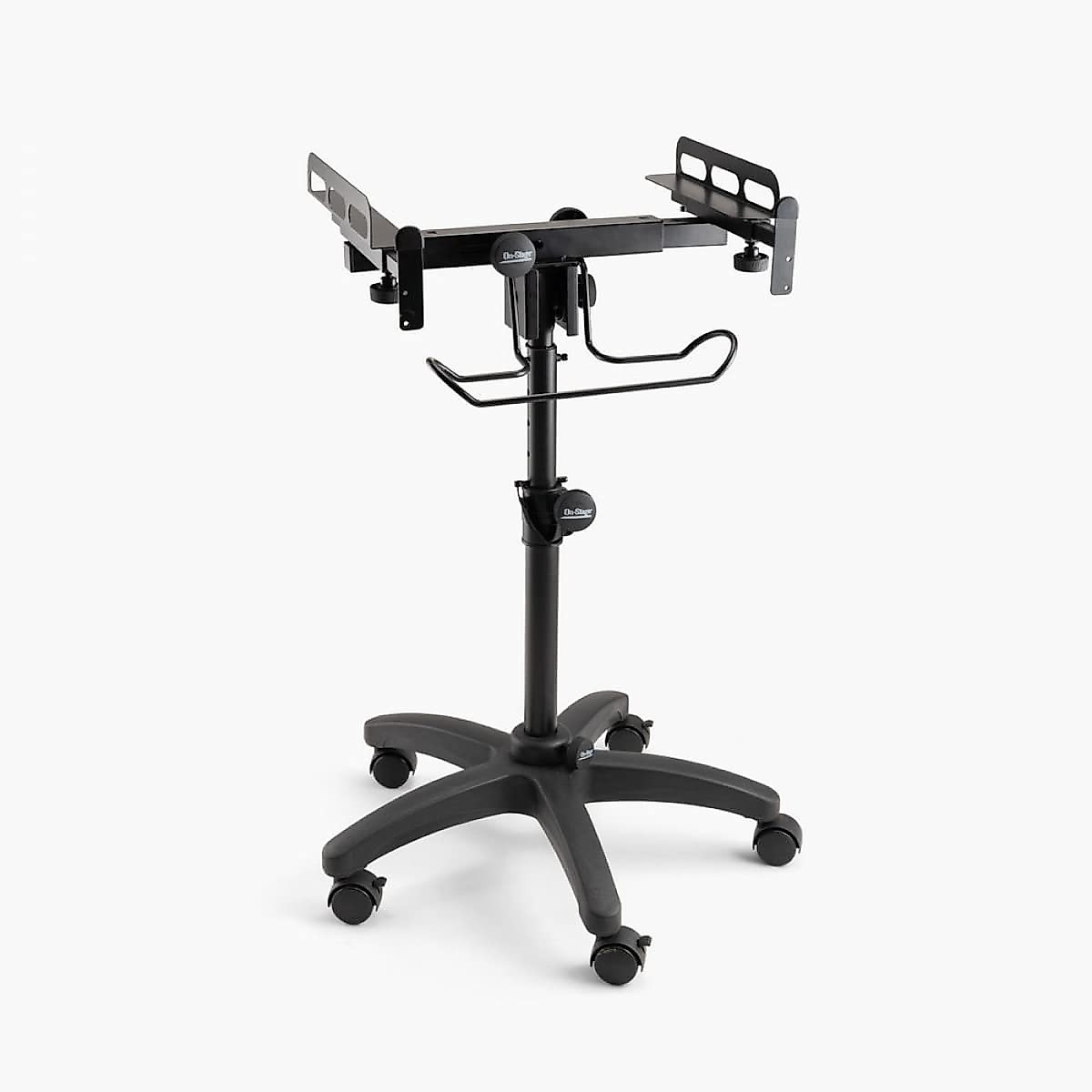 On-Stage MIX-400 V2 Mobile Mixer Stand: Rolling platform for mixers, laptops, controllers. Height adjustable (28"-38"), rackmount compatible, headphone hanger. Portable, black finish.