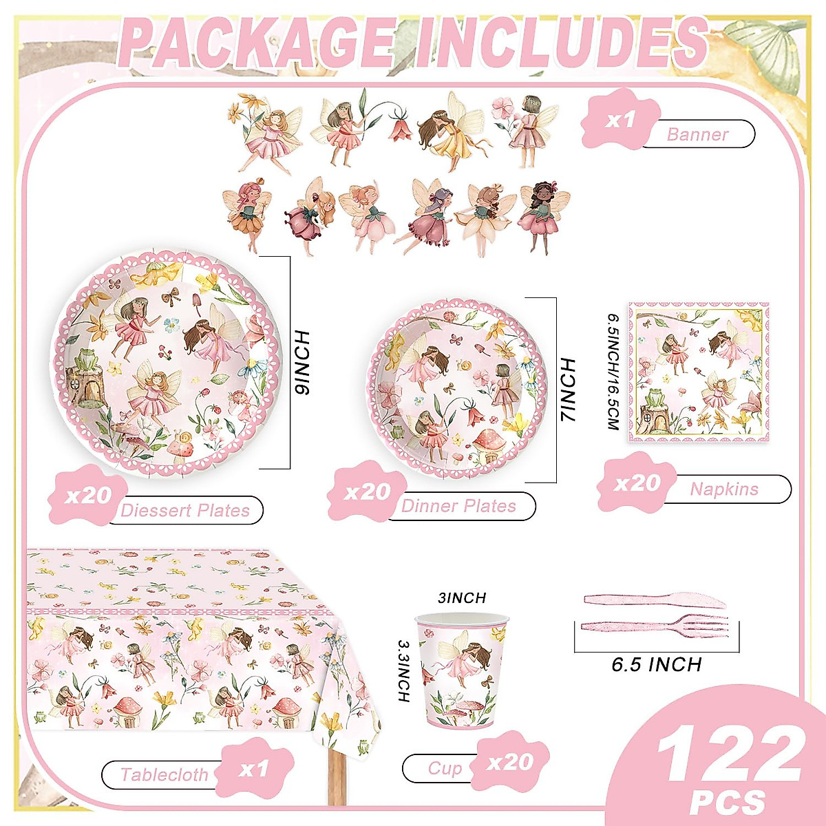 122PCS Fairy Party Supplies for Girls 1st 2rd First Birthday Fairies Enchanted Themed Baby Shower Party Decorations Garden flower Tableware Disposable Paper Plates Napkins Forks Knife for 20 Guests