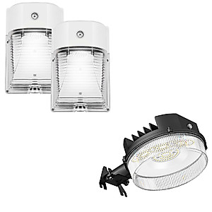 CINOTON 42W LED Barn Light Dusk to Dawn Outdoor Lighting, Black 1 Pack & 26W LED Wall Pack Light with Dusk to Dawn Sensor White 2 Pack