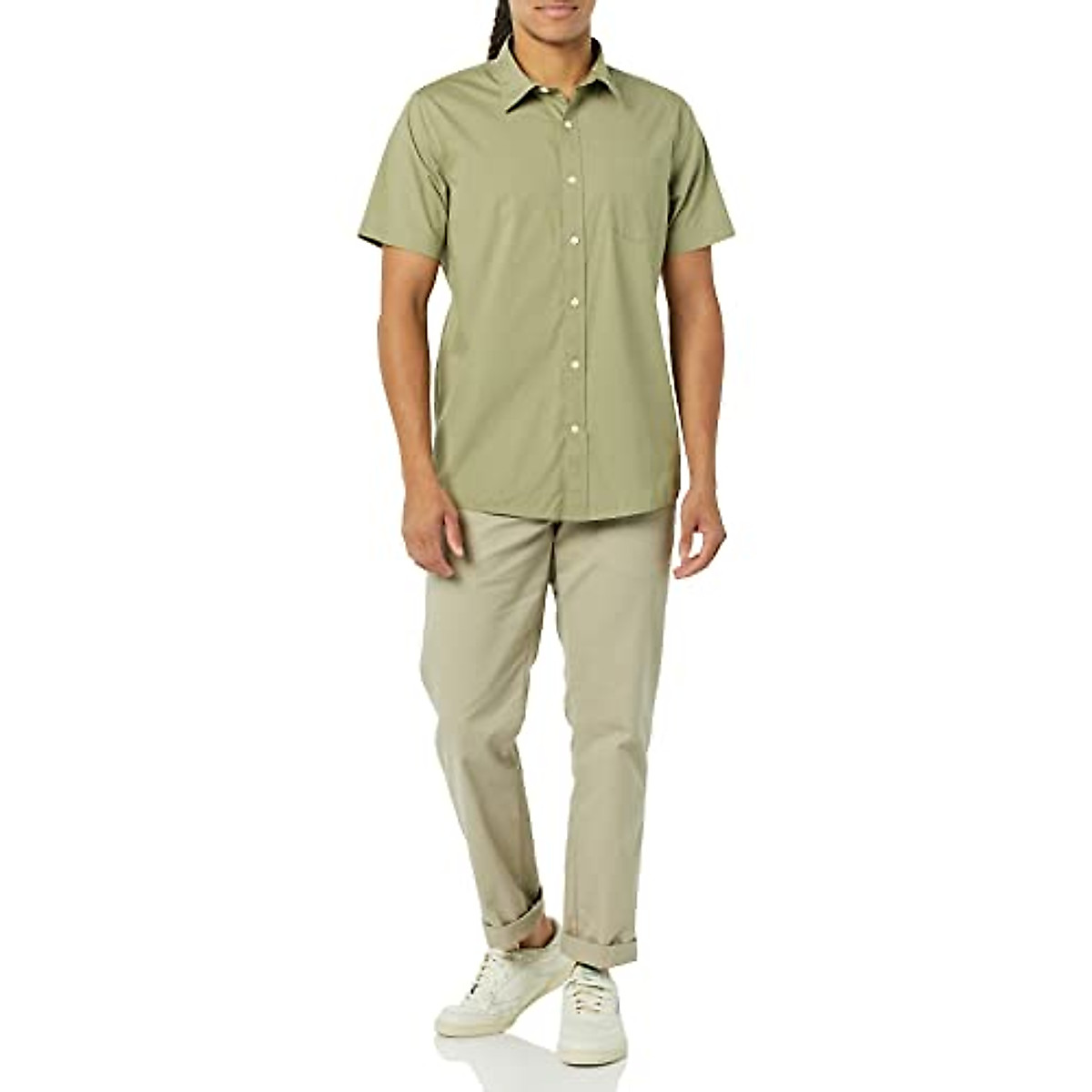Goodthreads Men's Standard-Fit Short-Sleeve Stretch Poplin Shirt, Light Olive, X-Large