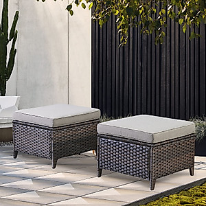 Outdoor Furniture Ottoman Set of 2 Patio Seating Footstool All-Weather Rattan Wicker Ottoman Seat with Soft Cushions for Patio Furniture Set