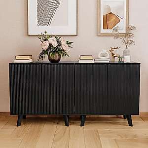 XUZENEST Modern Sideboard Buffet Cabinet Console Table, Accent Storage Cabinet Credenza Buffer Cabinet with 4 Fluted Doors for Kitchen Dining Living Room Entryway(Black)
