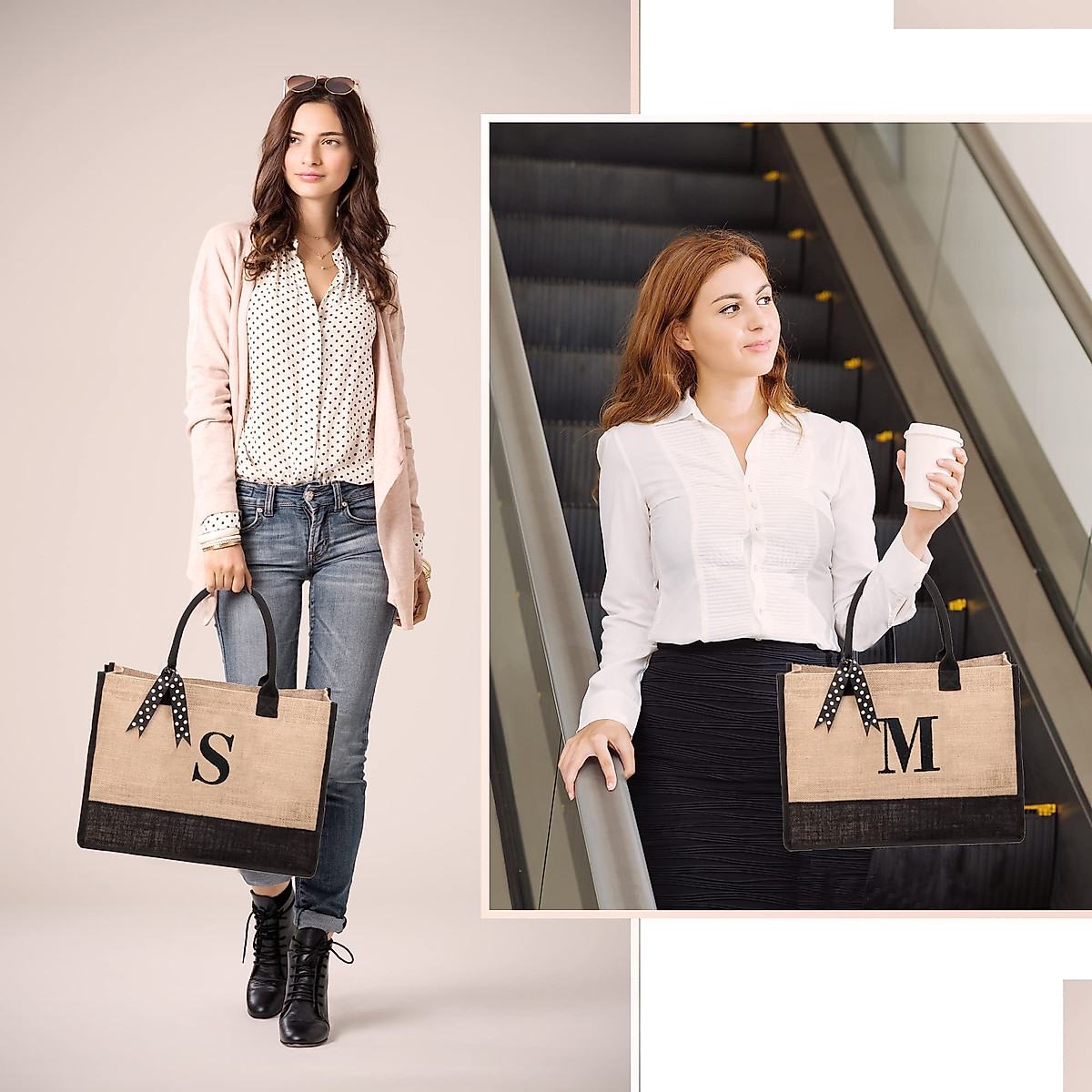 BeeGreen Initial Jute Tote Bag for Women Beach Tote Bag with Handles Thank You Gift for Friends Bridesmaid Mother Personalized Monogram Gift Bag for Birthday Bridal Shower C