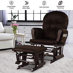 Solid Wood Construction, Incredibly Smooth Quiet Gliding, Soft Skin-Friendly Fabric, Baby Nursery Relax Rocker Rocking Chair Glider and Ottoman Set Super Soft Cushion, Extra Storage Pocket, Brown