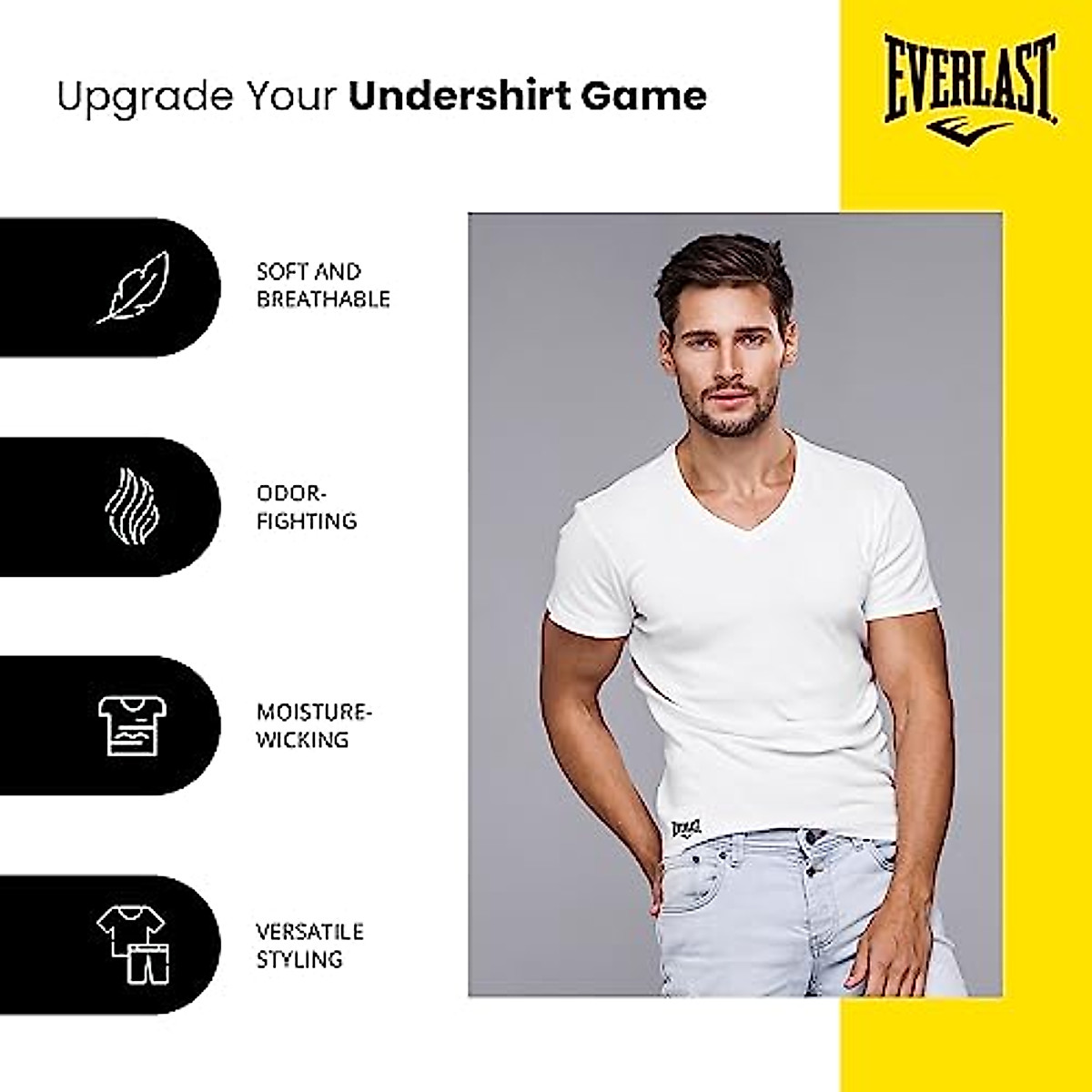 Everlast 6-Pack Men's Essential V-Neck Undershirts – Breathable, Tagless, Cotton Mens T Shirt – T Shirts for Men Pack (M, White)