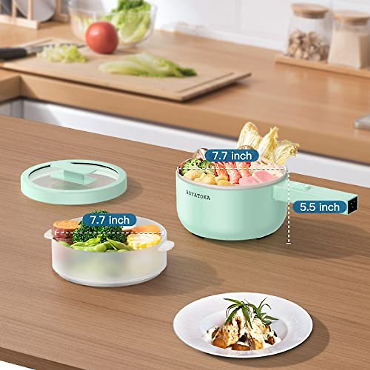 Hoyatoka Electric Hot Pot, 1.5L Portable Non-Stick Electric Cooker with Steamer, Multifunction Electric Pot for Stir Fry, Roast, Egg, Ramen Cooker with Dual Power Control for Dorm and Office, Green