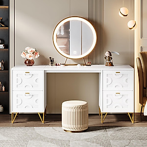 Tribesigns White and Gold Desk with Drawers, 59'' Modern Computer Desk with File Drawers, Work Desk with Storage, Simple Wood Desk with Gold Legs, Large Workstation for Home Office