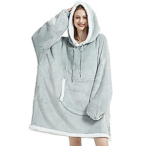 softan Blanket Hoodie, Oversized Sherpa Fleece Wearable Blanket for Women & Men, Super Warm and Cozy Plush Flannel Hooded Blanket, Sweatshirt Gift with Giant Pocket, One Size Fits All, Grey