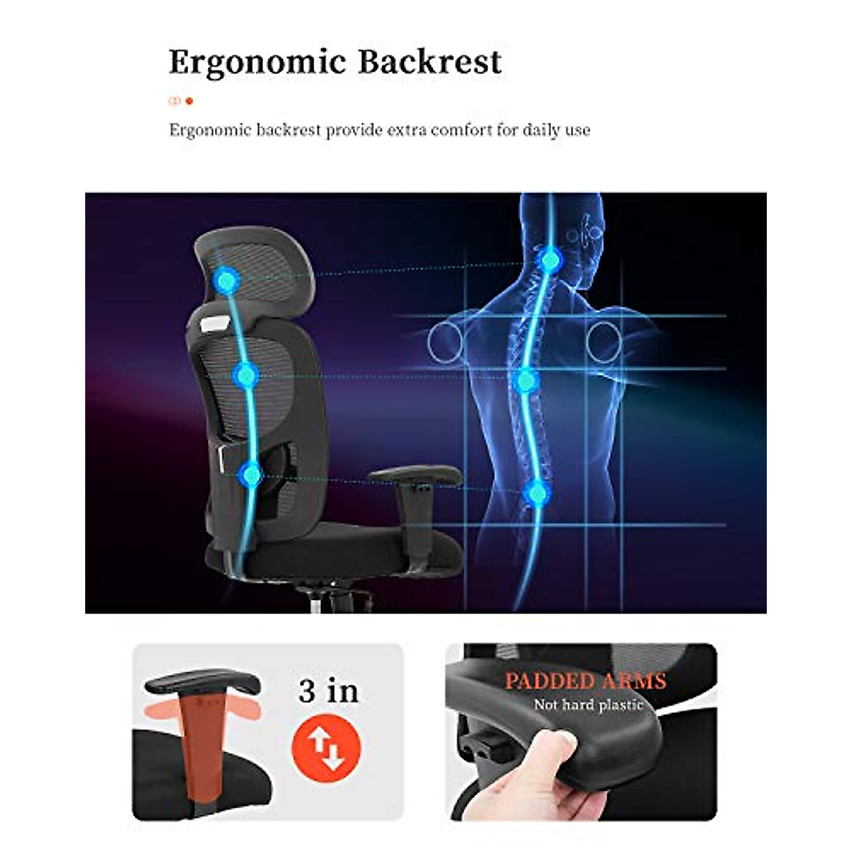 Big and Tall Office Chair Ergonomic Chair 400lbs Wide Seat Executive Desk Chair with Lumbar Support Adjustable Armrest Headrest High Back Mesh Computer Chair Rolling Swivel Task Chair(Black)
