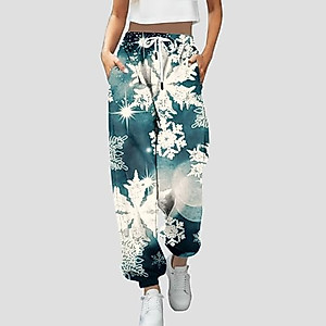 Oversized Sweatpants,High Waisted Sweatpants for Women Christmas Print Elastic Waisted Workout Jogging Drawstring Casual Baggy Lounge Bottoms Snowflake Graphic Print Light Blue XL