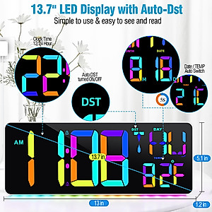 TXL Digital Wall Clock Large Display, 13.7" Large Digital Clock with Remote Control, Dual Alarm, Count Up/Down Timer, RGB Color Changing LED Wall Clock for Classroom, Bedroom, Living Room