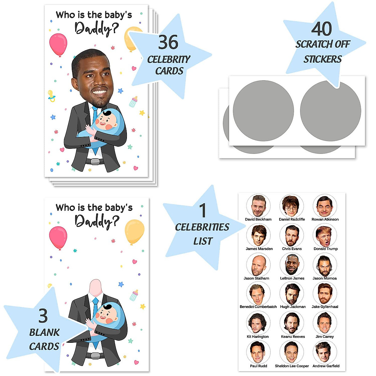 Funny Baby Shower Games Scratch Off Card, Guess Dad Scratch Off Lottery Ticket Raffle Cards Baby Shower Game, Baby Shower Party Icebreak Game Ideas for Boy and Girl, who is the Baby's Daddy-White