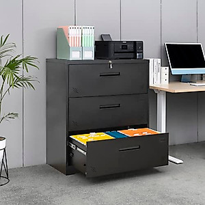 Lateral File Cabinet with Lock, 3 Drawer Lateral Filing Cabinet for Legal/Letter A4 Size, Locking Wide File Cabinet for Home Office, Metal Steel (Black, 3 Drawer)