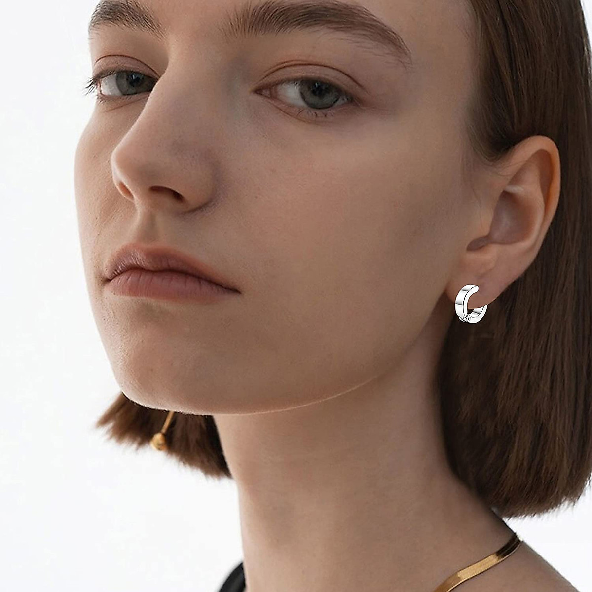 YUNXI 2 Pairs Black Silver Cuff Earrings for Men's Women Punk Rock Stainless Steel Circle Round Shape Design Hoop Earrings (2 Pairs- Silver+Black)