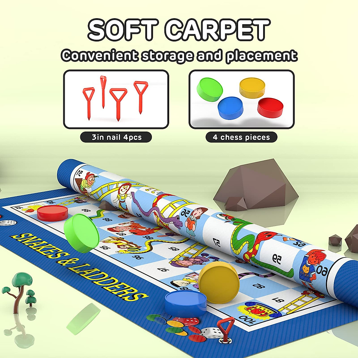 Board Game-Snake & Ladder Game Set, with 63"*70" Board, Huge Inflatable Sieve, 4 Chess Pieces and 4 Nails, Preschool Educational Toys 3 4 5 6 7 8 9 Year Old Boys and Girls for Birthday Gift Toys