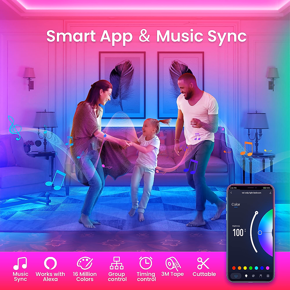 TJOY 50ft Smart Led Strip Lights for Bedroom, Alexa Led Light Strip,5050 RGB Color Changing Music Sync Led Lights Strip with App Remote,Multi-Color Wireless Led Lights for Bedroom (APP+Remote+Voice)