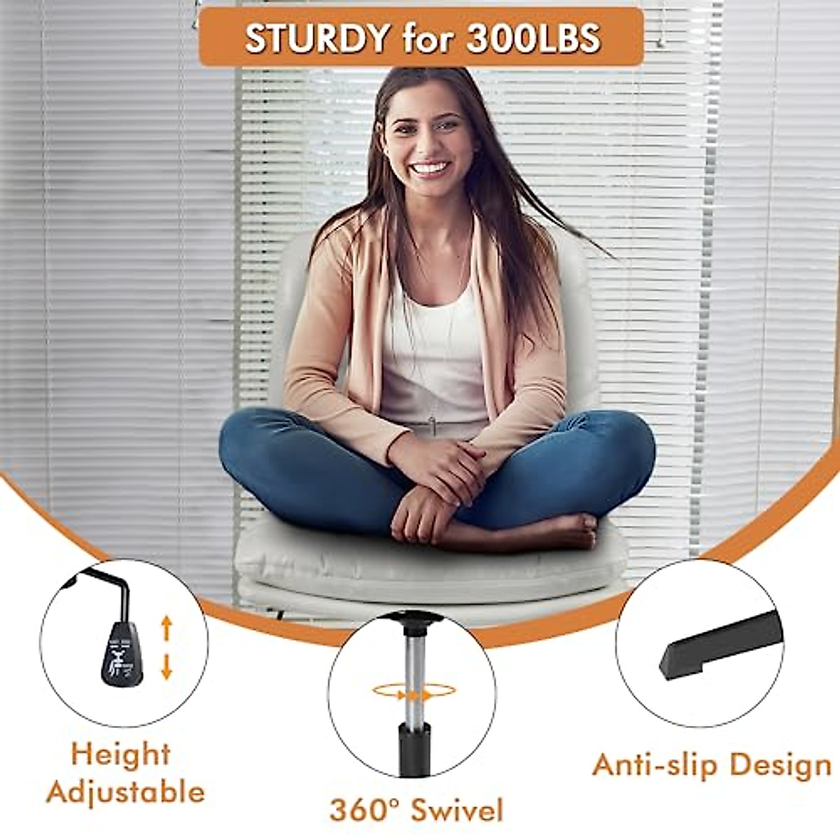 Waleaf Leather Armless Desk Chair No Wheels Swivel Chair Padded Modern Cute Office Chair Height Adjustable Wide Seat Cross Legged Chair for Home Office Desk Chair Vanity Chair Mid Back (White)