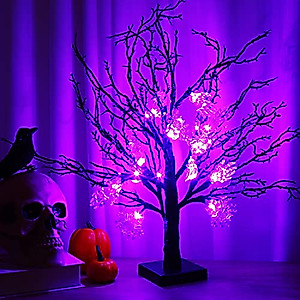 KIMOBER 24 Purple LED Lighted Halloween Tree,Battery Operated Light Up Black Birch Tree with Skeleton Hand Spider Ornaments for Halloween Party,Home Desktop Decorations