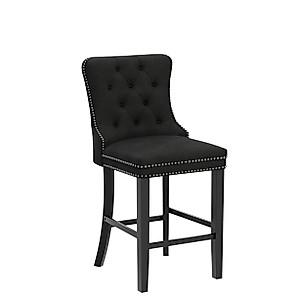 Kiztir Counter Height Bar Chairs Set of 2, 27" Modern Velvet Bar Stools with Button Decor, Nailhead Trim, Solid Wooden Legs, Beige Upholstered Bar Stools for Kitchen, Cafe, Pub (Black)