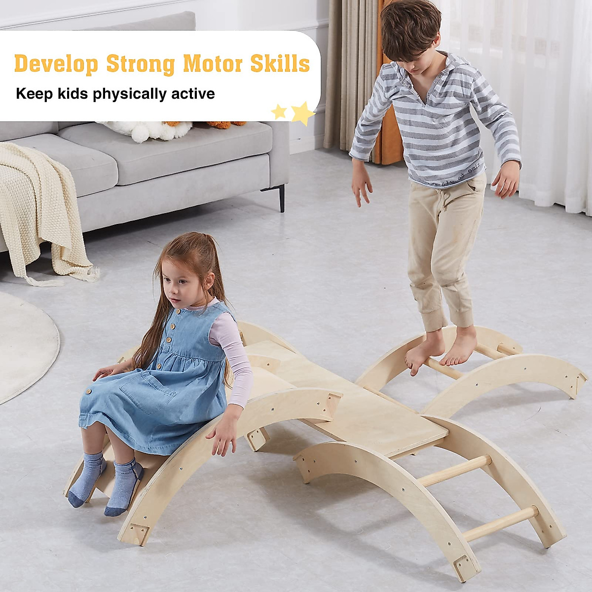 Gaint Bean 8-in-1 Wooden Indoor Arches Climber with Slide- Montessori Gym for Toddlers Kids Climbing Ladder, Eco-Friendly Quadrant Pikler Rocker Ramp Toy for Age 1-7